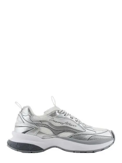 Emporio Armani Mesh Sneakers With Laminated Details - Silver