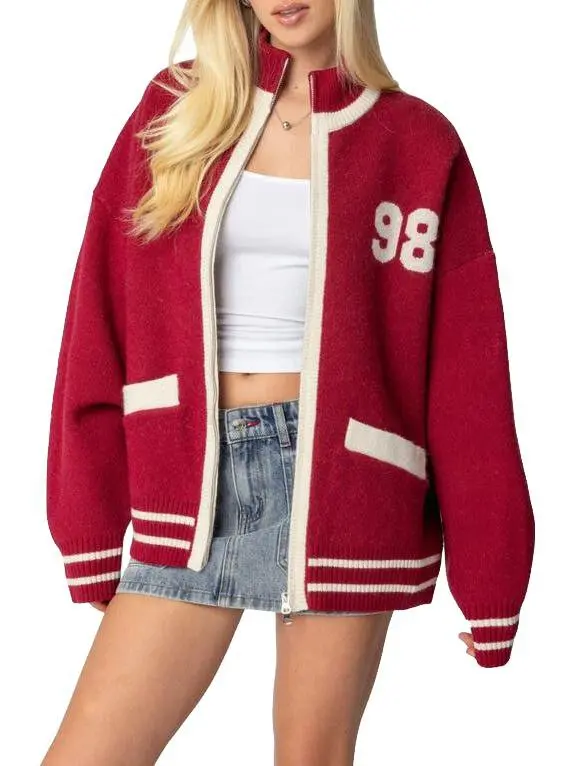 EDIKTED 98 Varsity Zip Sweater - Burgundy