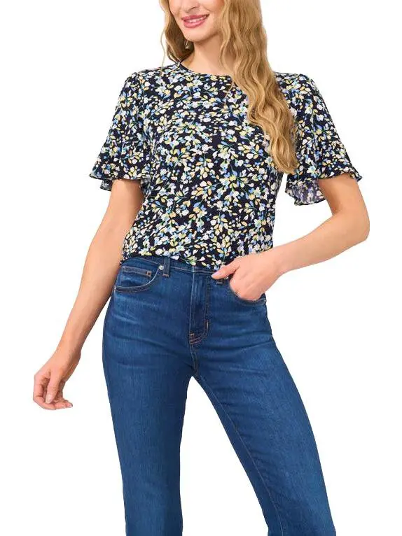 CECE DUPRAZ Floral Ruffle High-low Knit Top - Classic Navy