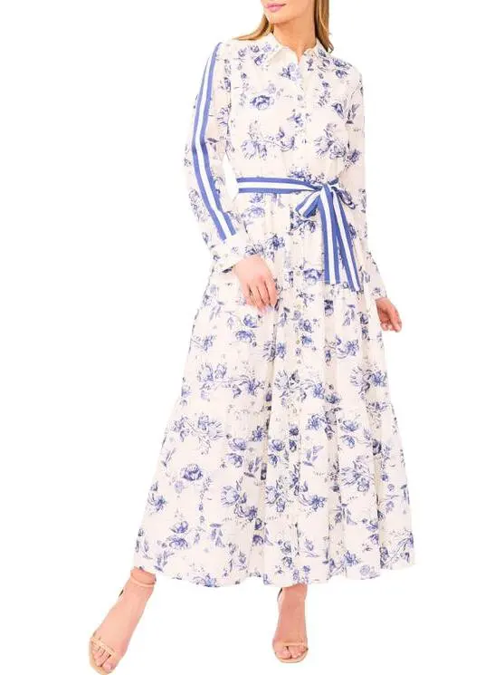 CECE DUPRAZ Floral Print Shirt Dress With Belt - Classic Navy