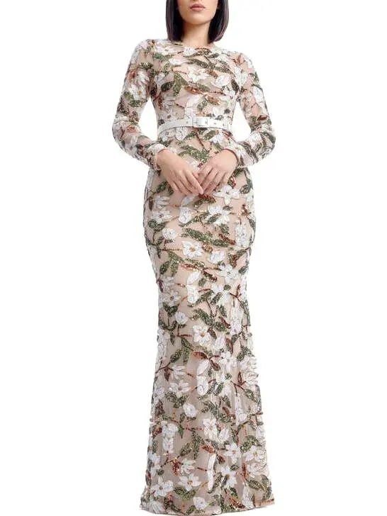 Dress The Population Tamra Sequin Embroidered Mermaid Gown - Ivory Multi