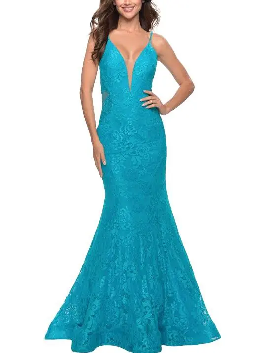 LABOMME Long Mermaid Lace Dress With Rhinestone Detail - Aqua