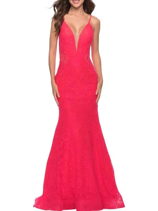 LABOMME Long Mermaid Lace Dress With Rhinestone Detail - Hot Coral