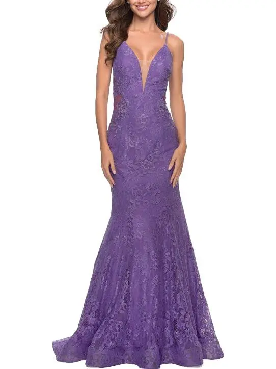 La Femme Long Mermaid Lace Dress With Rhinestone Detail - Purple