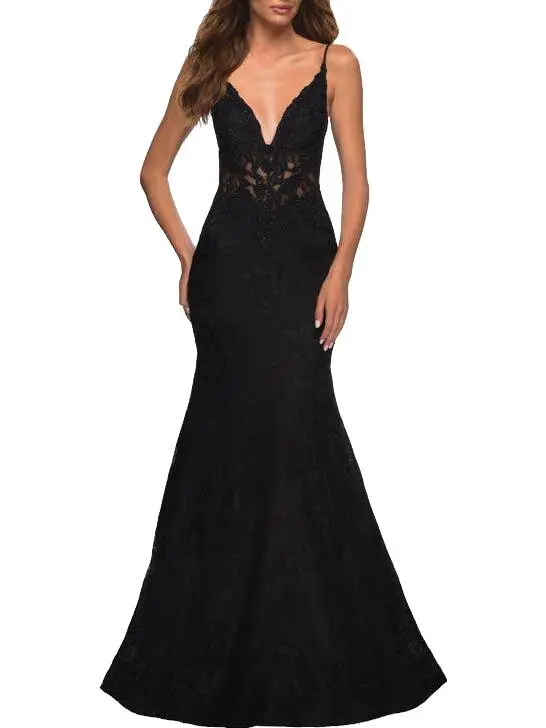 La Femme Mermaid Lace Gown With Sheer Jeweled Bodice - Black