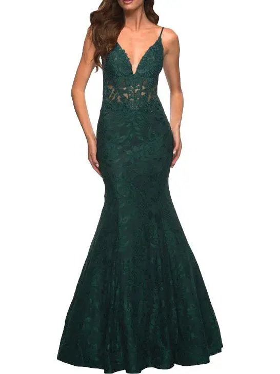 LABOMME Mermaid Lace Gown With Sheer Jeweled Bodice - Dark Emerald