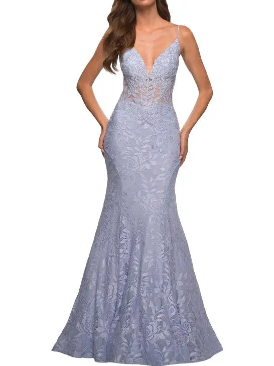 LABOMME Mermaid Lace Gown With Sheer Jeweled Bodice - Light Periwinkle