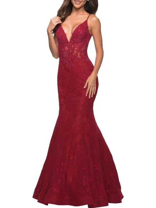 LABOMME Mermaid Lace Gown With Sheer Jeweled Bodice - Red