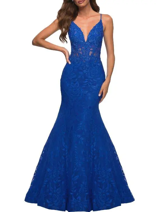 LABOMME Mermaid Lace Gown With Sheer Jeweled Bodice - Royal Blue