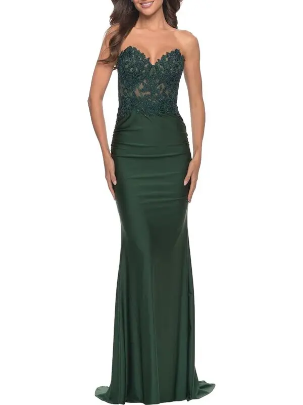 La Femme Strapless Jeweled Lace Jersey Gown - Dark Emerald