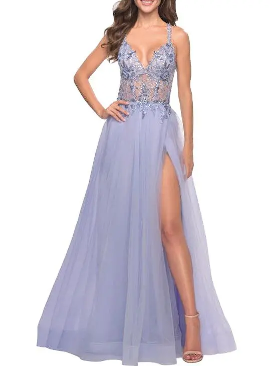 La Femme Tulle Gown With Beaded Lace - Light Periwinkle