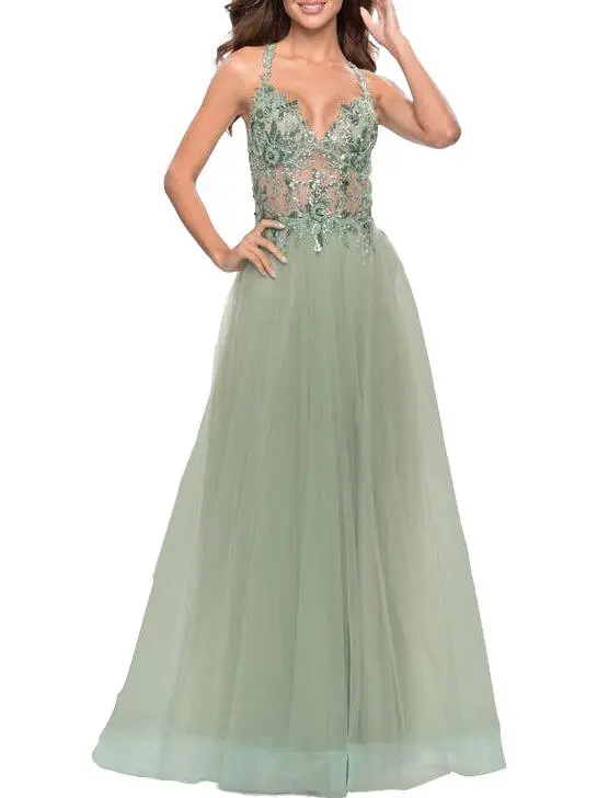 LABOMME Tulle Gown With Beaded Lace - Sage