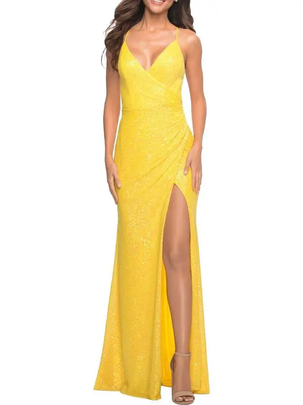 La Femme Sequin Gown With Slit - Yellow
