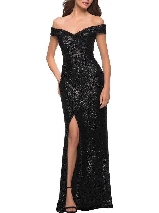 La Femme Off-the-shoulder Sequin Gown With Slit - Black