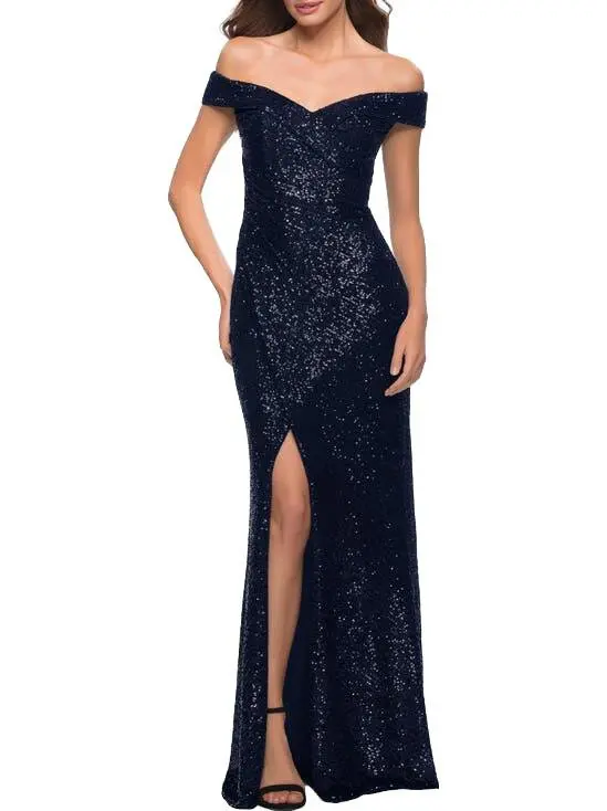 La Femme Off-the-shoulder Sequin Gown With Slit - Navy
