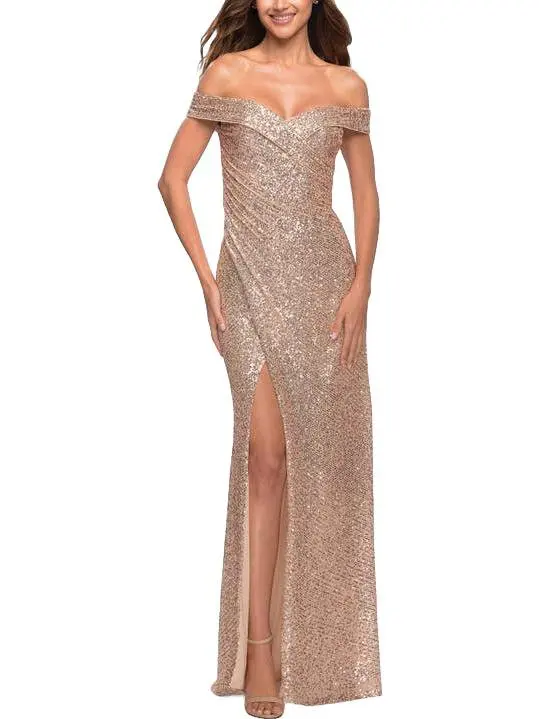 LABOMME Off-the-shoulder Sequin Gown With Slit - Rose Gold