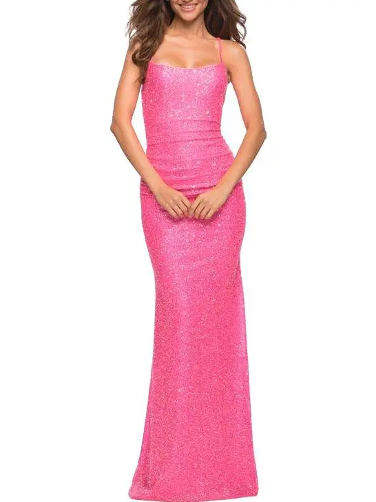 LABOMME Iridescent Sequin Gown - Neon Pink
