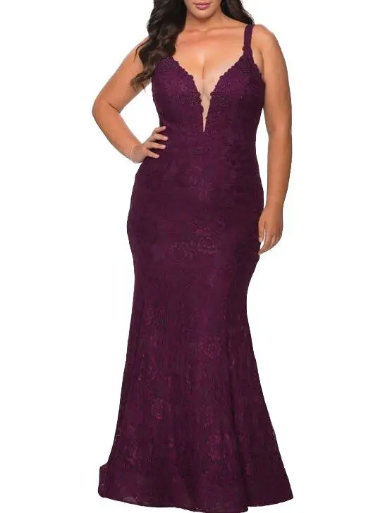 LABOMME Fitted Lace Gown - Dark Berry