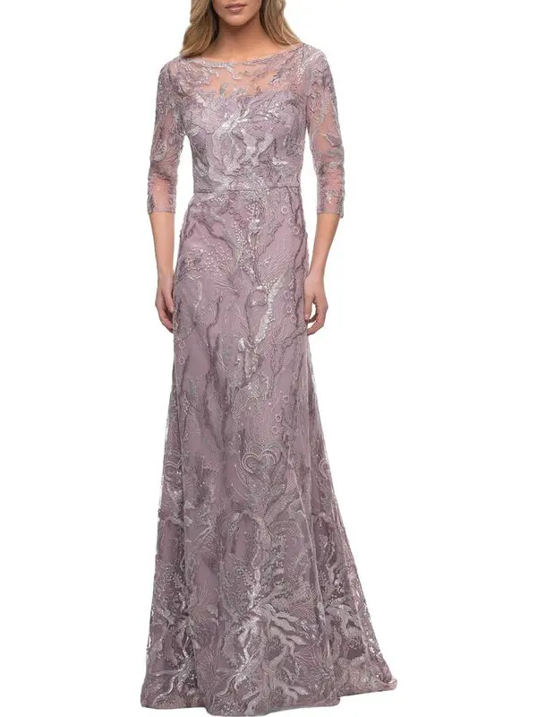 LABOMME Sequin Lace Gown With Sheer Sleeves - Mauve