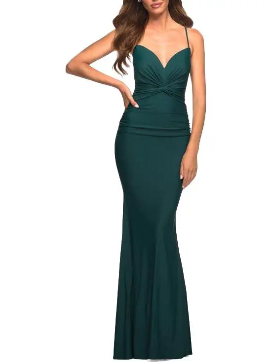 La Femme Knot-waist Open-back Jersey Gown - Emerald