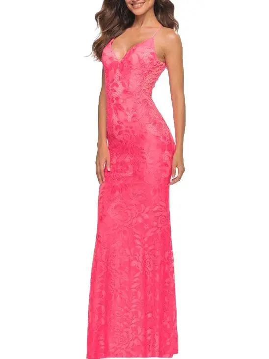 LABOMME Lace Gown With Embellished Illusion - Neon Pink