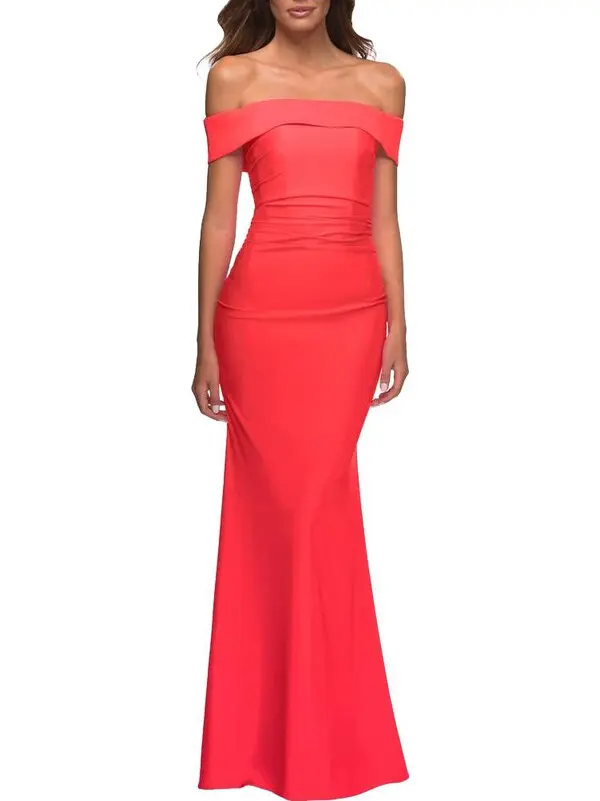 LABOMME Off-the-shoulder Ruched Jersey Gown - Hot Coral