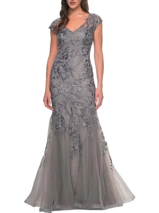 La Femme Lace And Tulle Mermaid Gown - Silver