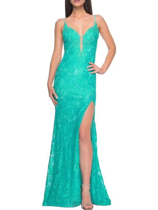 LABOMME Lace Rhinestone Deep V-neck Gown - Aqua