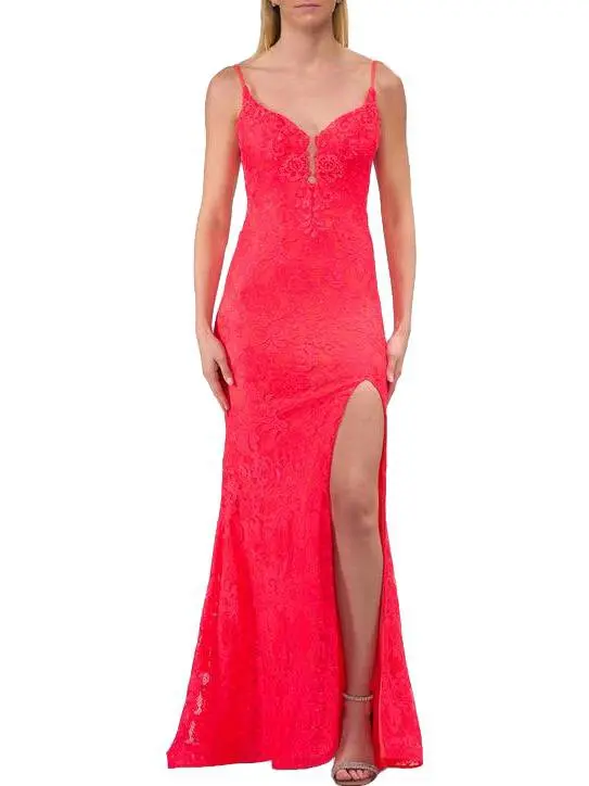 LABOMME Lace Rhinestone Deep V-neck Gown - Hot Coral