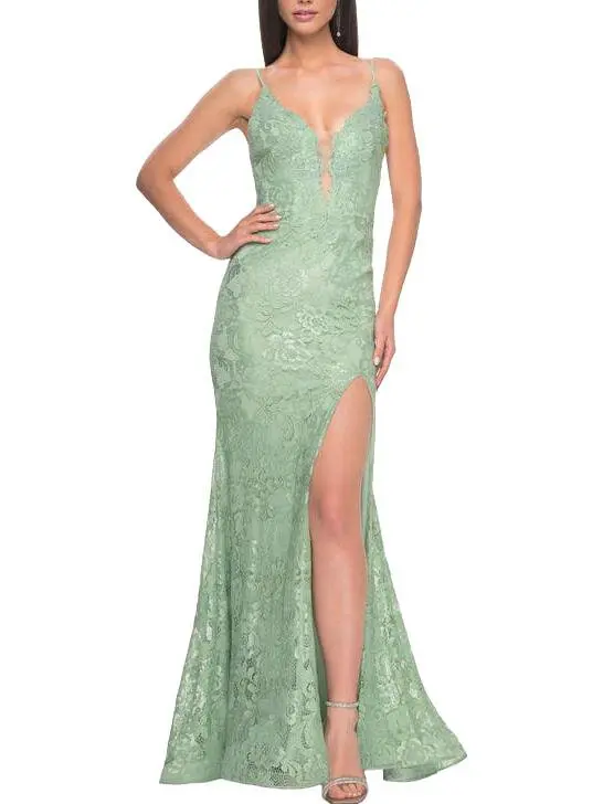 La Femme Lace Rhinestone Deep V-neck Gown - Sage