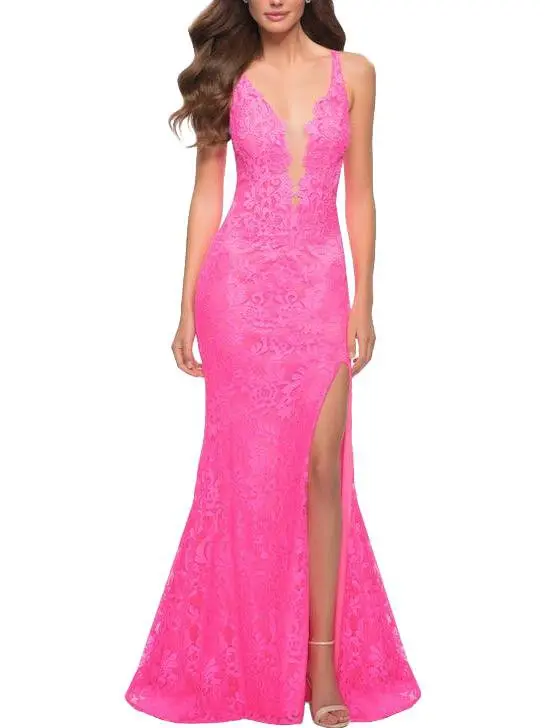 LABOMME Stretch Lace Gown With Slit And Open Back - Neon Pink