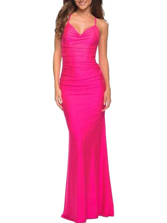 LABOMME Rhinestone Embellished Long Jersey Dress - Neon Pink