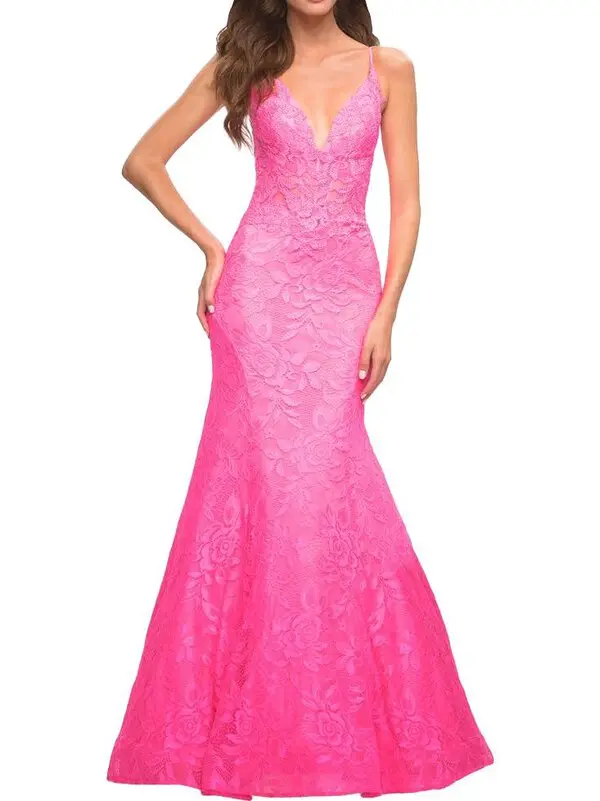 LABOMME Mermaid Lace Gown With Sheer Bodice - Neon Pink
