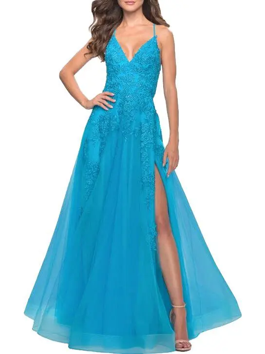 LABOMME Tulle Ball Gown With Floral Detail And Slit - Aqua