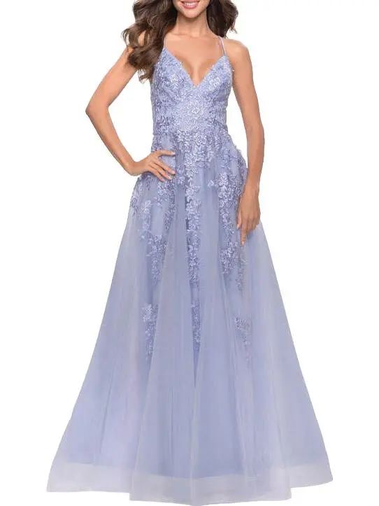 La Femme Tulle Ball Gown With Floral Detail And Slit - Light Periwinkle