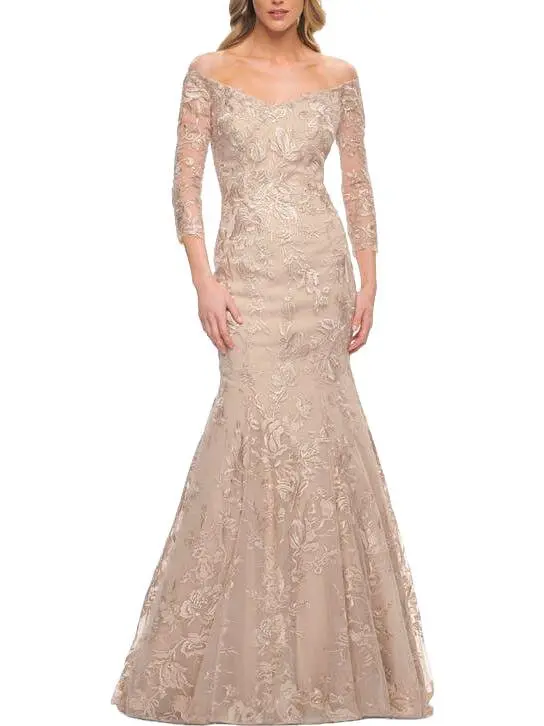 LABOMME Long Lace Mermaid Gown - Champagne