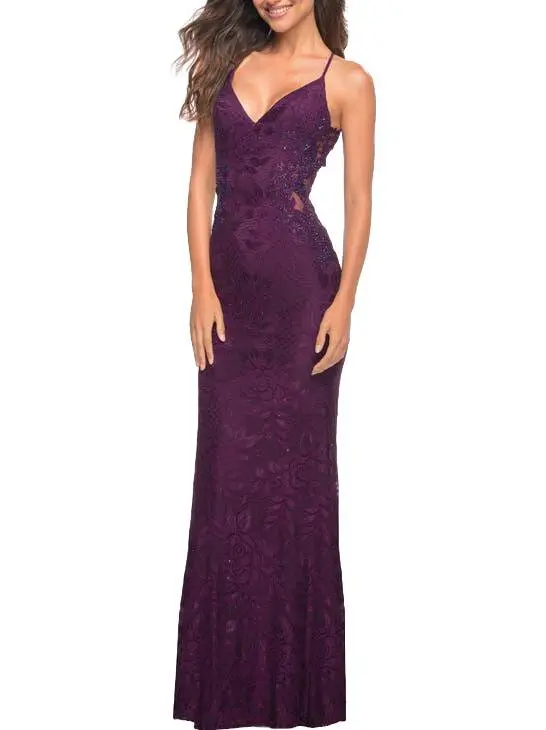 LABOMME Lace Embellished Prom Dress - Dark Berry