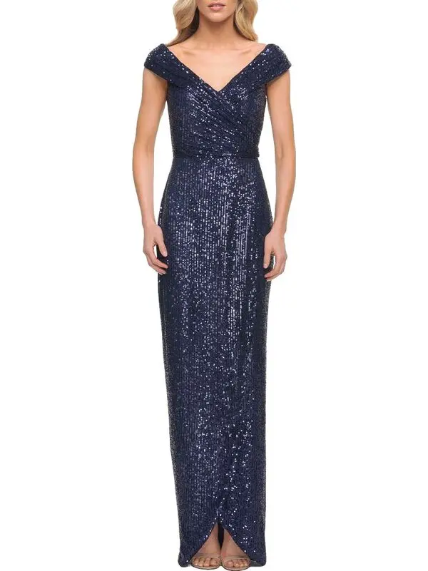 La Femme Sequin Evening Gown - Navy