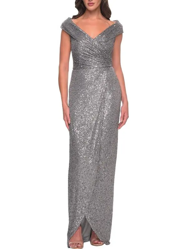 La Femme Sequin Evening Gown - Silver