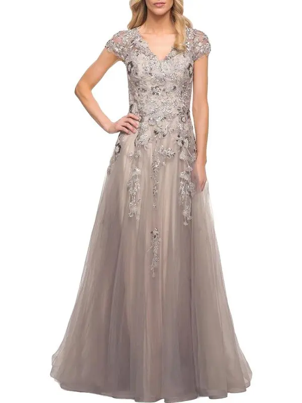 La Femme Beaded Lace A-line Gown - Silver/pink