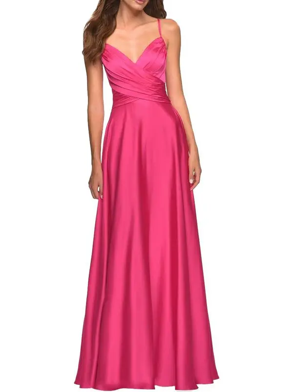 LABOMME Satin Gown With Criss-cross Top - Hot Pink