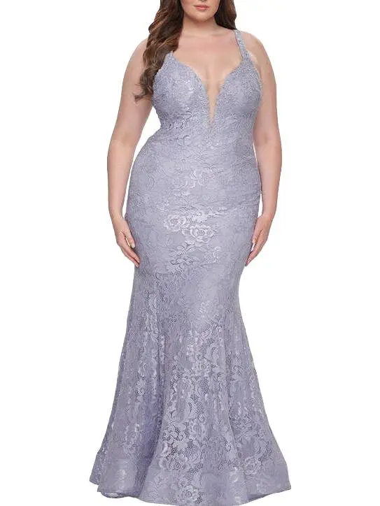 LABOMME Mermaid Lace Gown With V-neck - Light Periwinkle