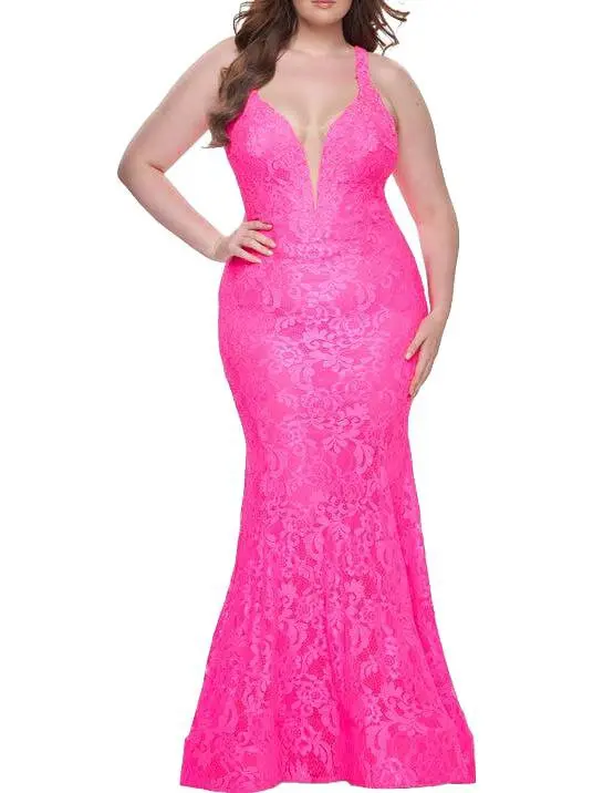 LABOMME Mermaid Lace Gown With V-neck - Neon Pink
