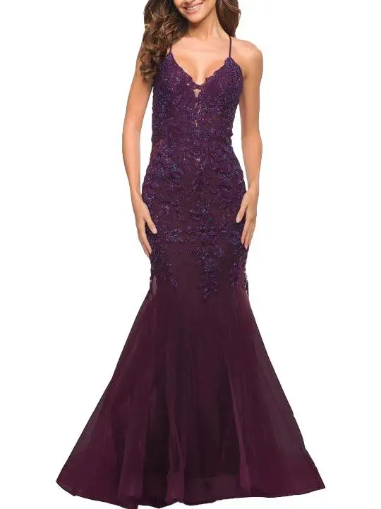 LABOMME Mermaid Tulle And Lace Jeweled Gown - Dark Berry