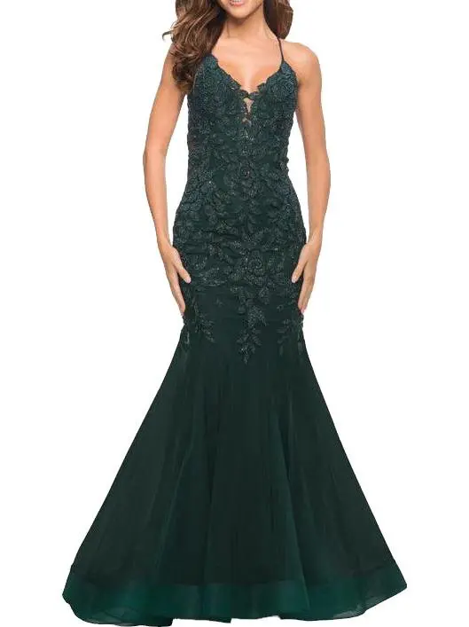 LABOMME Mermaid Tulle And Lace Jeweled Gown - Dark Emerald