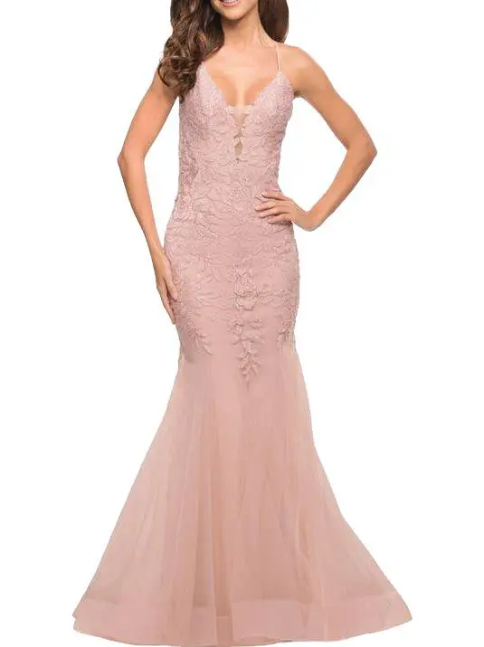 LABOMME Mermaid Tulle And Lace Jeweled Gown - Dusty Mauve