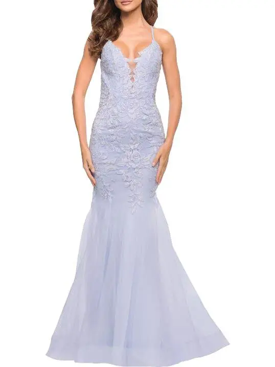 LABOMME Mermaid Tulle And Lace Jeweled Gown - Lilac Mist