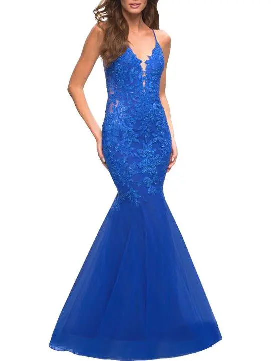LABOMME Mermaid Tulle And Lace Jeweled Gown - Royal Blue