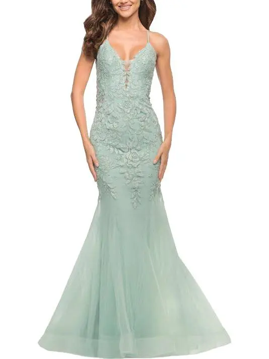 LABOMME Mermaid Tulle And Lace Jeweled Gown - Sage