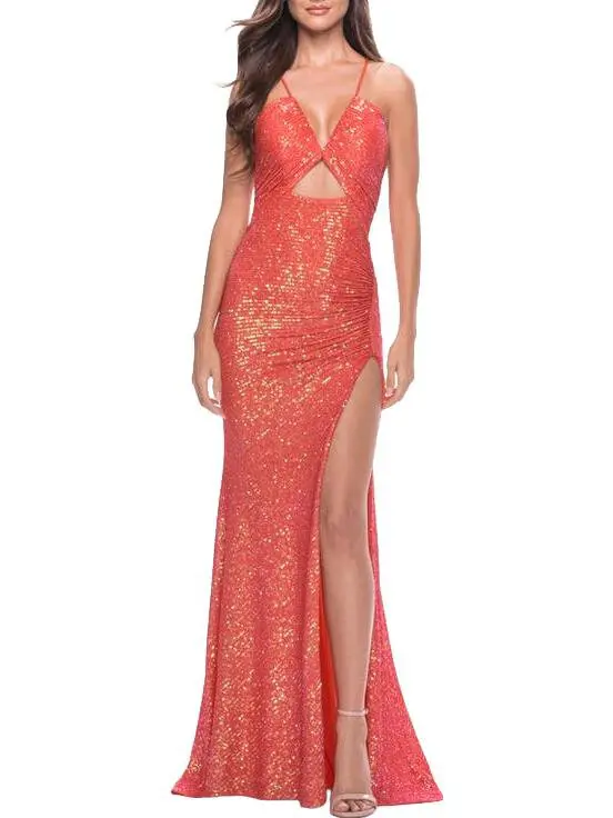 LABOMME Sequin Column Gown With Cut Out - Hot Coral